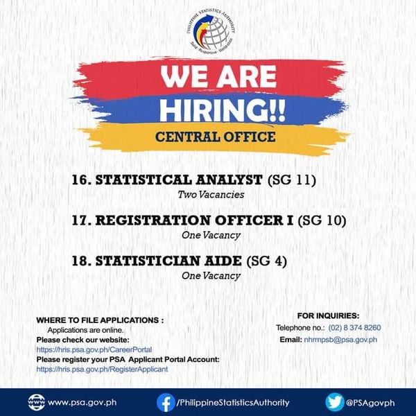 JOB OPPORTUNITIES! PSA Central Office and Field Offices | MP Maisara ...